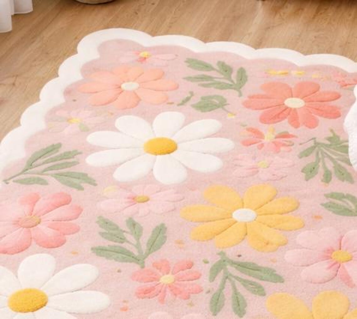 Pastel Pink Scalloped Floral Hand Tufted Wool Rug | Daisy Botanical ...