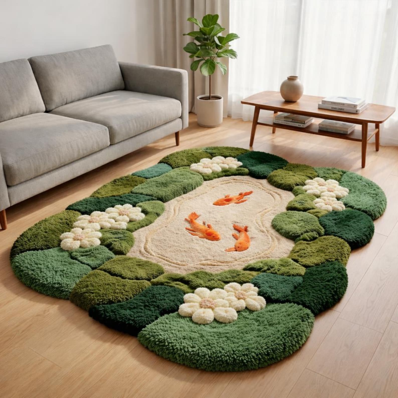 Hand Tufted Wool Pond Rug - Floral Moss Design Soft Modern Living Room ...