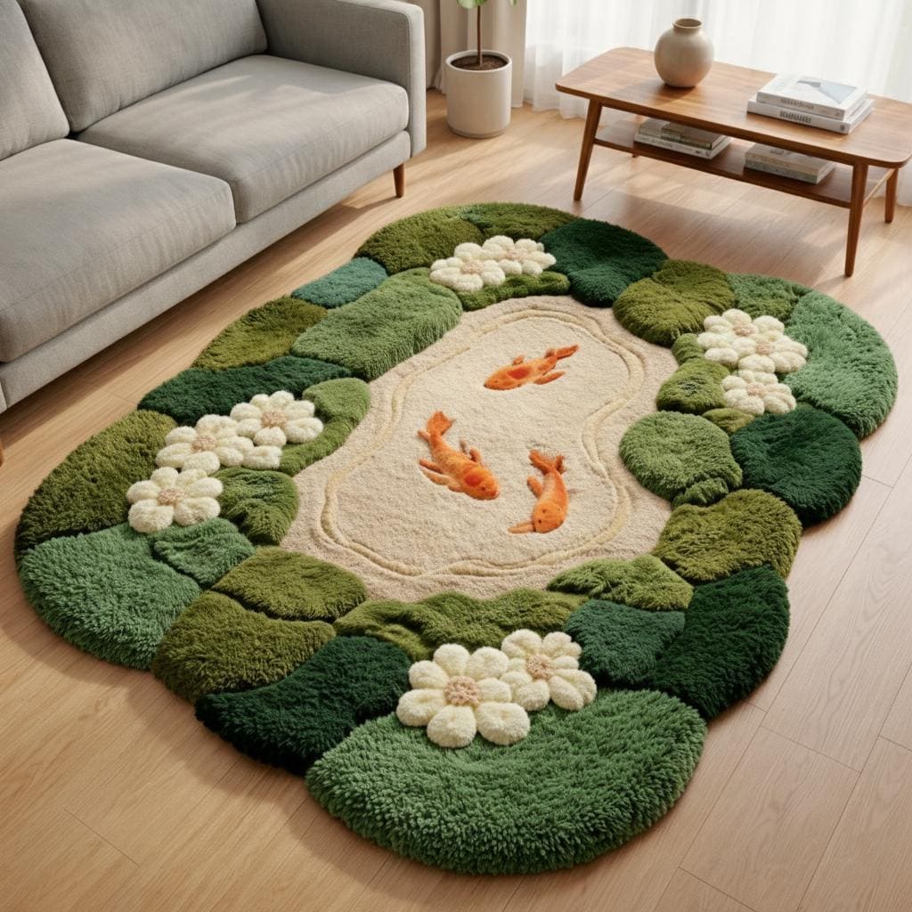 Hand Tufted Wool Pond Rug - Floral Moss Design Soft Modern Living Room ...