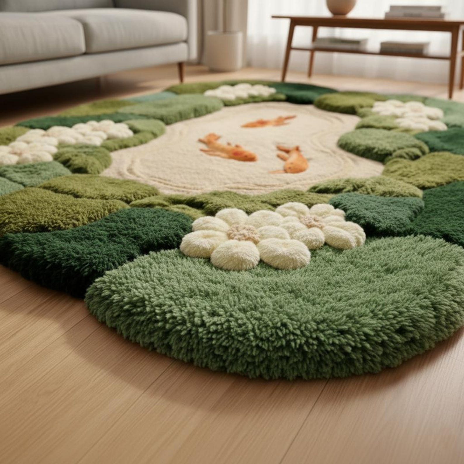 Hand Tufted Wool Pond Rug - Floral Moss Design Soft Modern Living Room ...