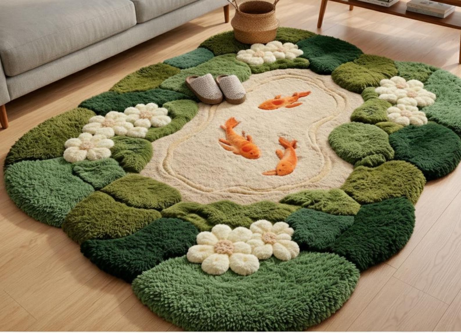 Hand Tufted Wool Pond Rug - Floral Moss Design Soft Modern Living Room ...