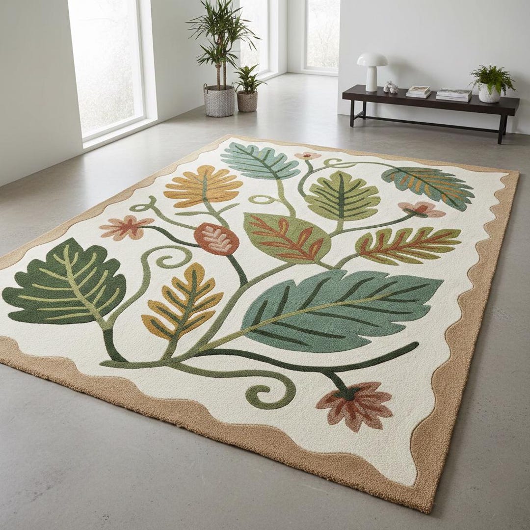 Hand Tufted Botanical Wool Rug - Modern Leaf Floral Scandinavian Living ...