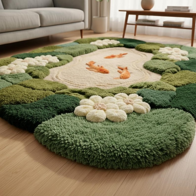 Hand Tufted Wool Pond Rug - Floral Moss Design Soft Modern Living Room ...