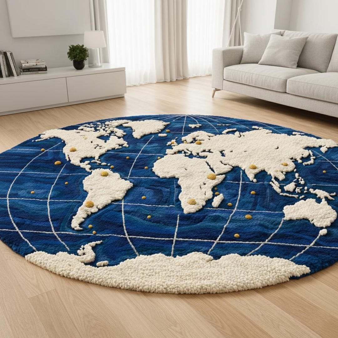 Hand Tufted World Map Rug - Circular Blue New Zealand Wool Luxury ...