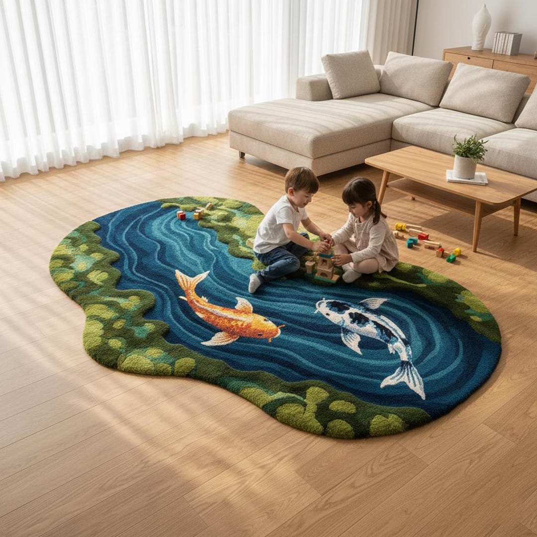 Hand Tufted Koi Fish Kids Rug - Pond Shape Wool Playroom Carpet Nursery ...