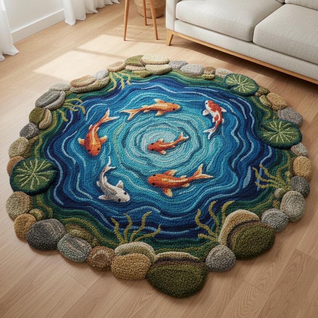Hand Tufted Wool Koi Fish Rug: 3D Pond Design - Etsy