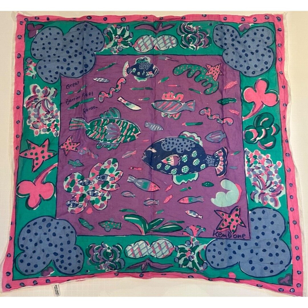 Vintage KEN DONE Fish Scarf Great Barrier Reef Ocean Scene Cotton Made ...