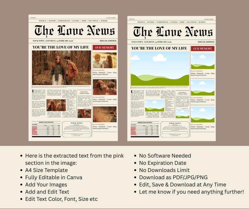 Valentine's Day Newspaper Template for Canva – A4 Size, Editable, for ...