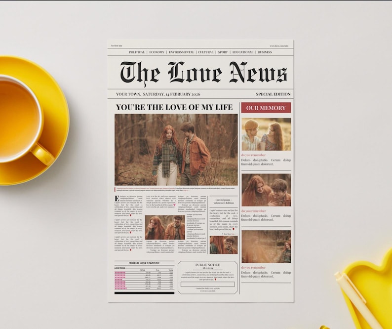 Valentine's Day Newspaper Template for Canva – A4 Size, Editable, for ...