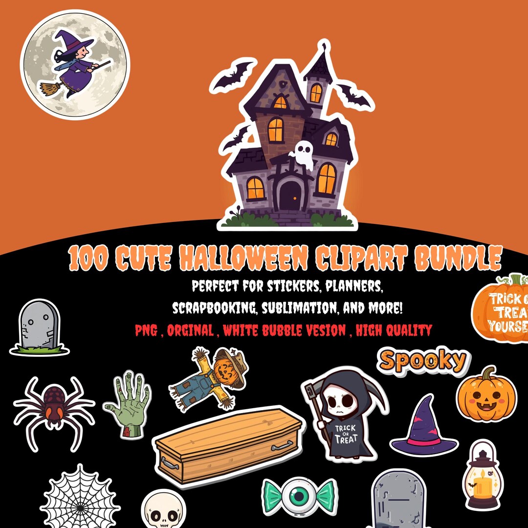 100 Cute Halloween Clipart Bundle | Spooky PNG Stickers | Transparent ...