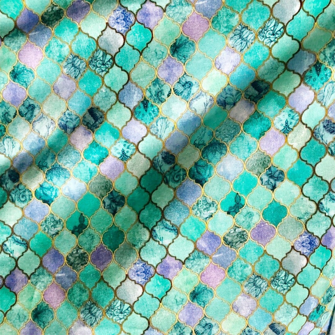 Turquoise Geometric Pattern Print 100% Cotton Fabric,shirt Garment ...