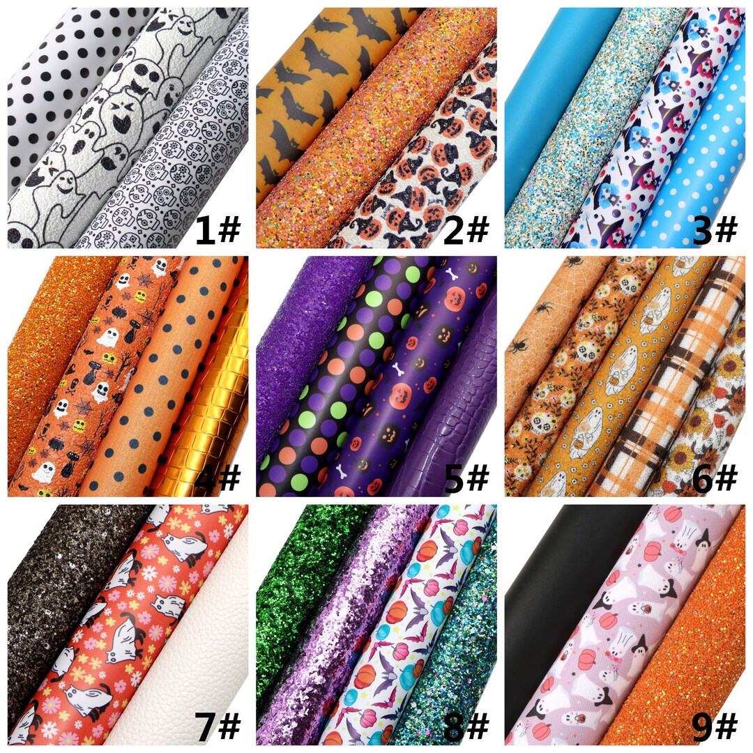 Halloween Skull Pumpkin Bat Witch Spider Candy Printed Faux Leather ...