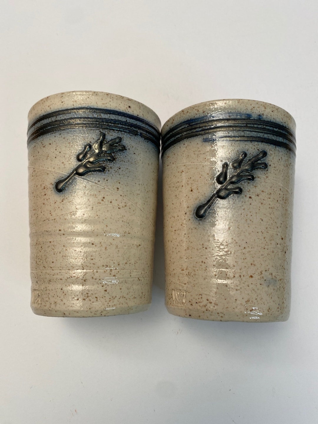 Hand Thrown Art Pottery Stoneware Tumblers Set Signed RM Blue Leaf ...