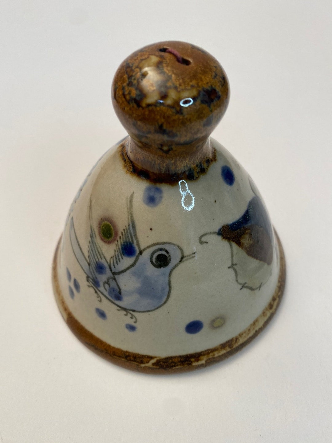 Ken Edwards Bell Hand Painted Blue Bird Brown Mexico Mexican Pottery ...