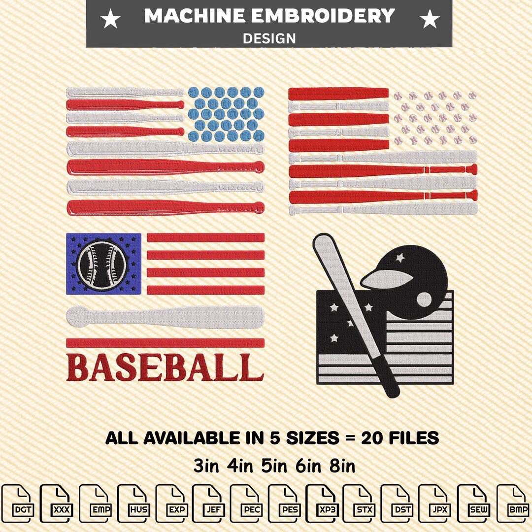 Baseball USA Flag Embroidery Bundle | Patriotic Sports Applique ...
