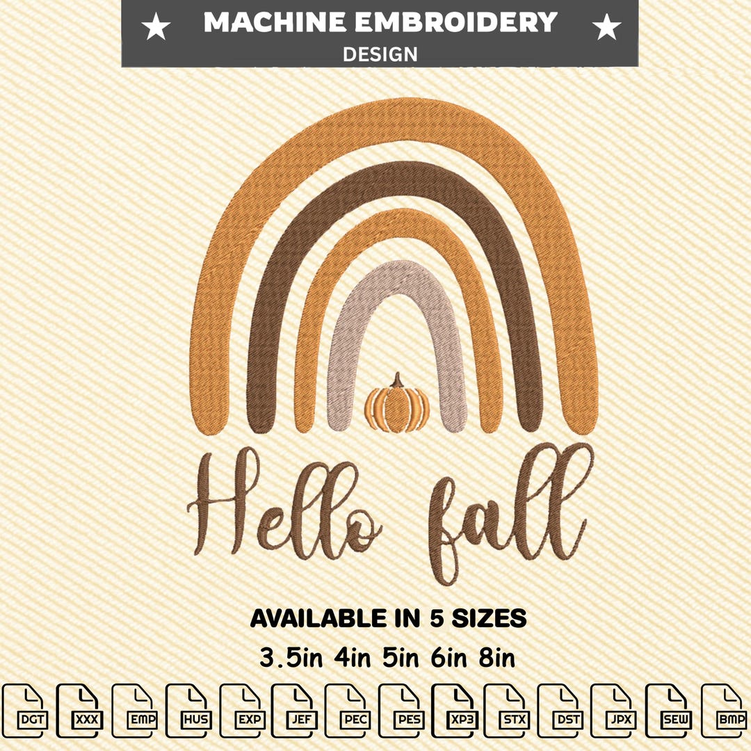 Hello Fall Embroidery Design | Cozy Farmhouse Autumn Rainbow Pumpkin ...