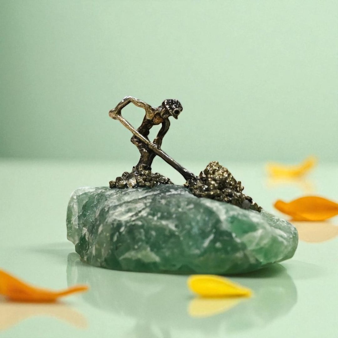 Miniature Metal Miner Figurine: Stone Base Sculpture, Antique-inspired ...