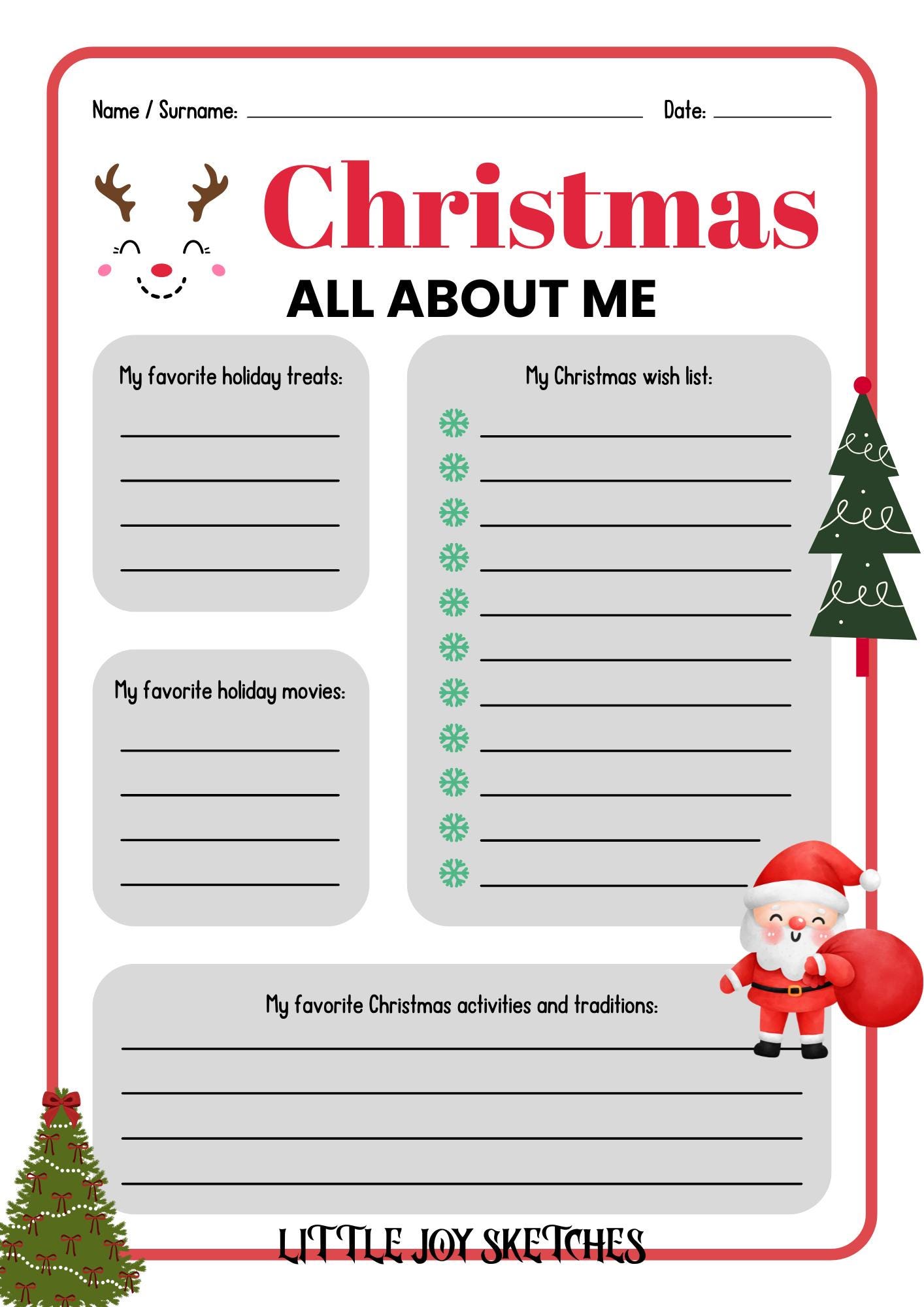 All About Me This Christmas Worksheet, Kids Holiday Activity,instant ...