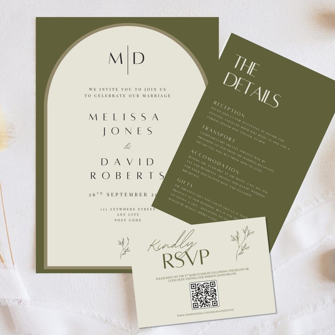 Olive Green Arch Wedding Invitation Suite, Editable Canva Template ...