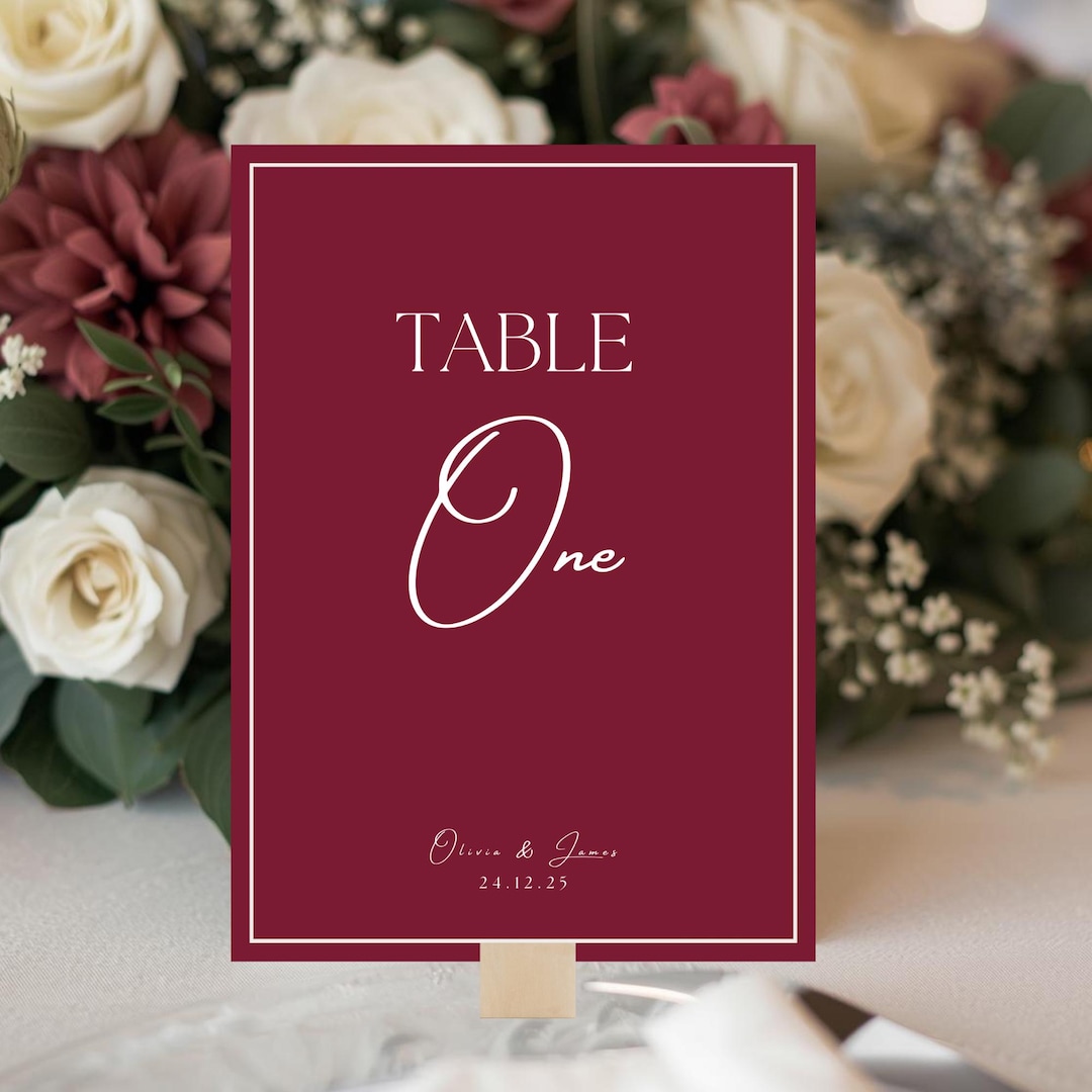 Burgundy Wedding Table Numbers | Minimalist Table Number Sign | Canva ...