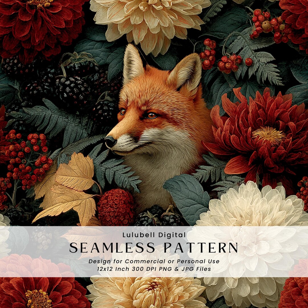 Fox in Woodland Garden Seamless Pattern: Dark Cottagecore Floral ...
