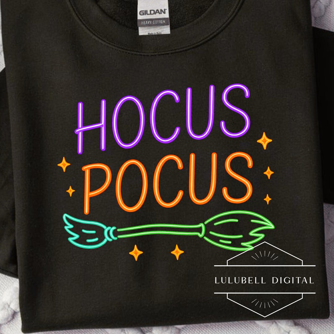 Hocus Pocus PNG: Neon Halloween Witch Broom T-shirt Graphic, Retro ...