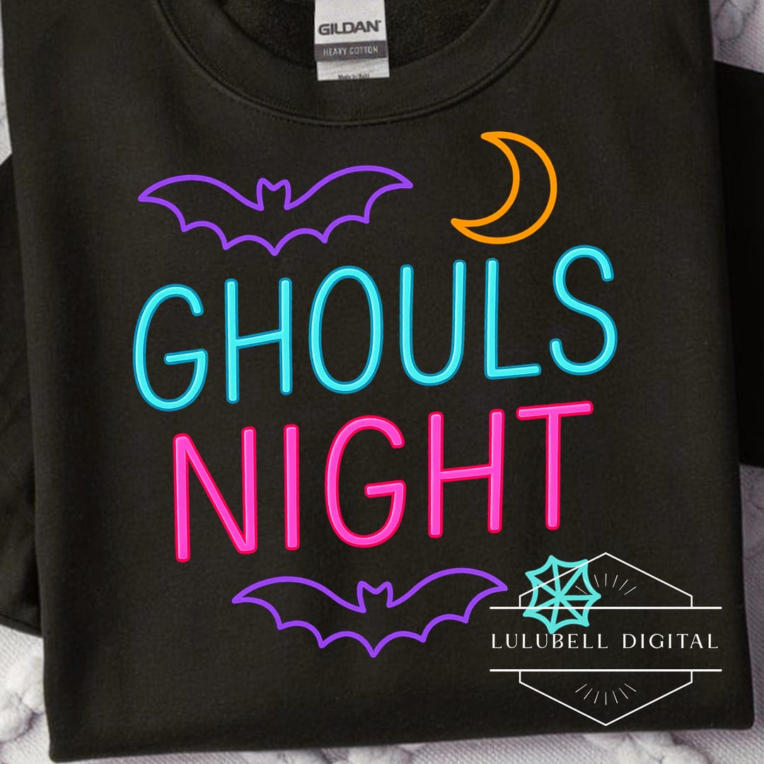 Ghouls Night PNG: Neon Halloween Bats and Moon T-shirt Graphic, Retro ...
