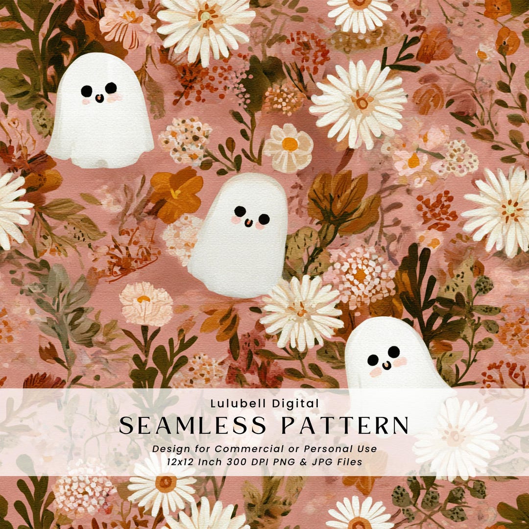 Dusty Pink Ghosts Seamless Pattern: Cottagecore Halloween Digital Paper ...