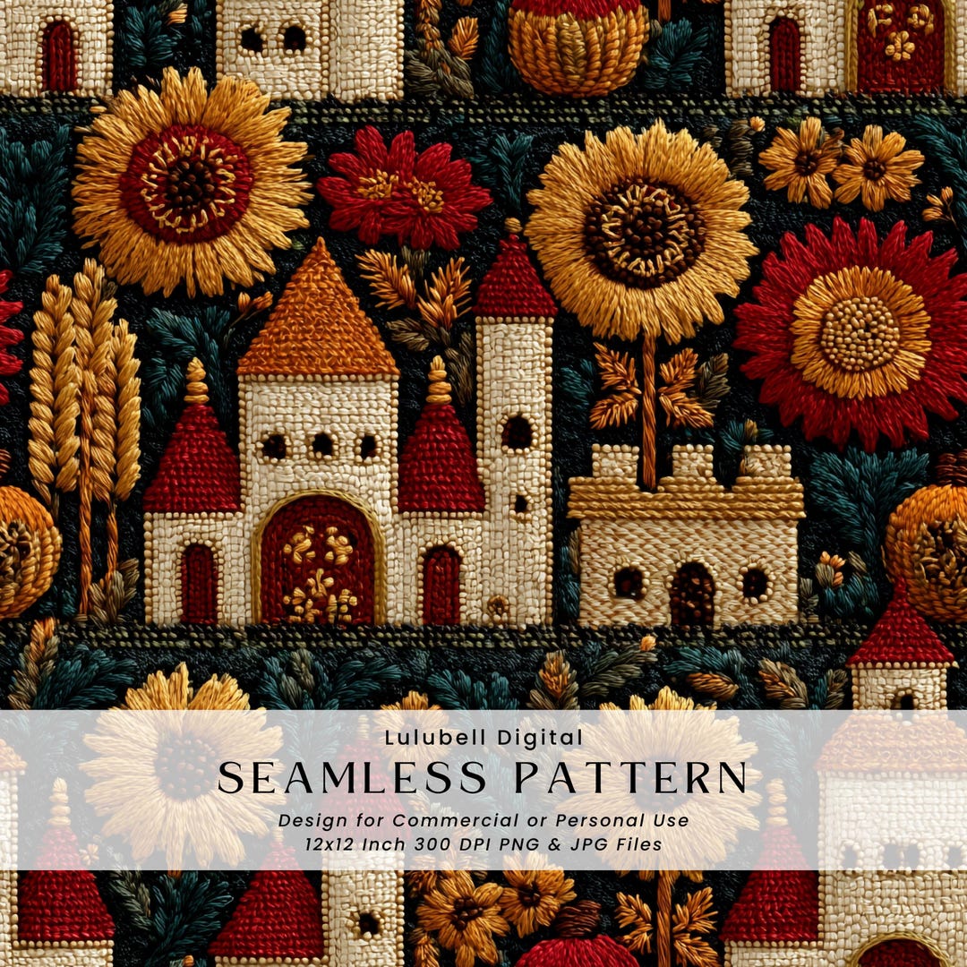 Folkcore Sunflower Castle Seamless Pattern: 3D Faux Embroidery Digital ...