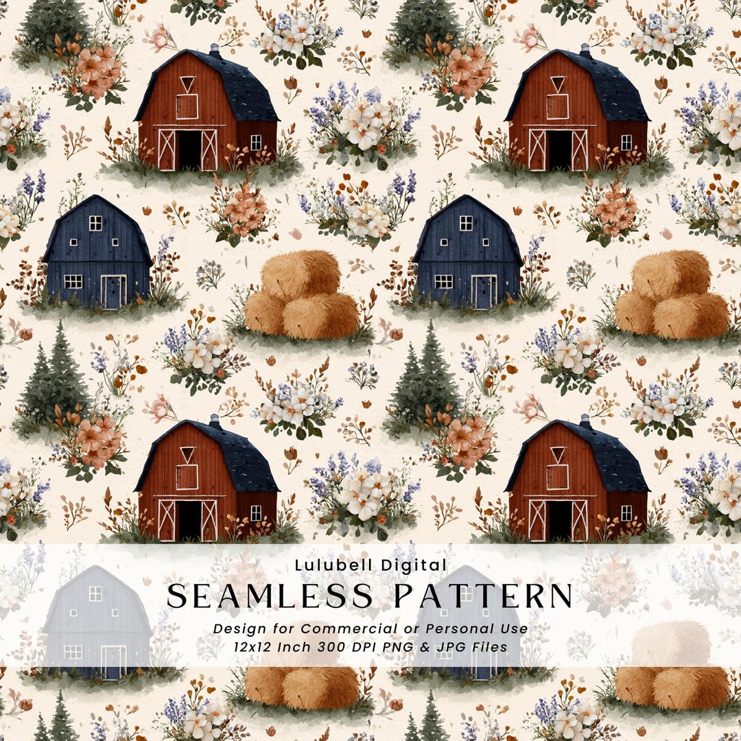 Rustic Barns Seamless Pattern: Countryside Haystacks Digital Paper ...