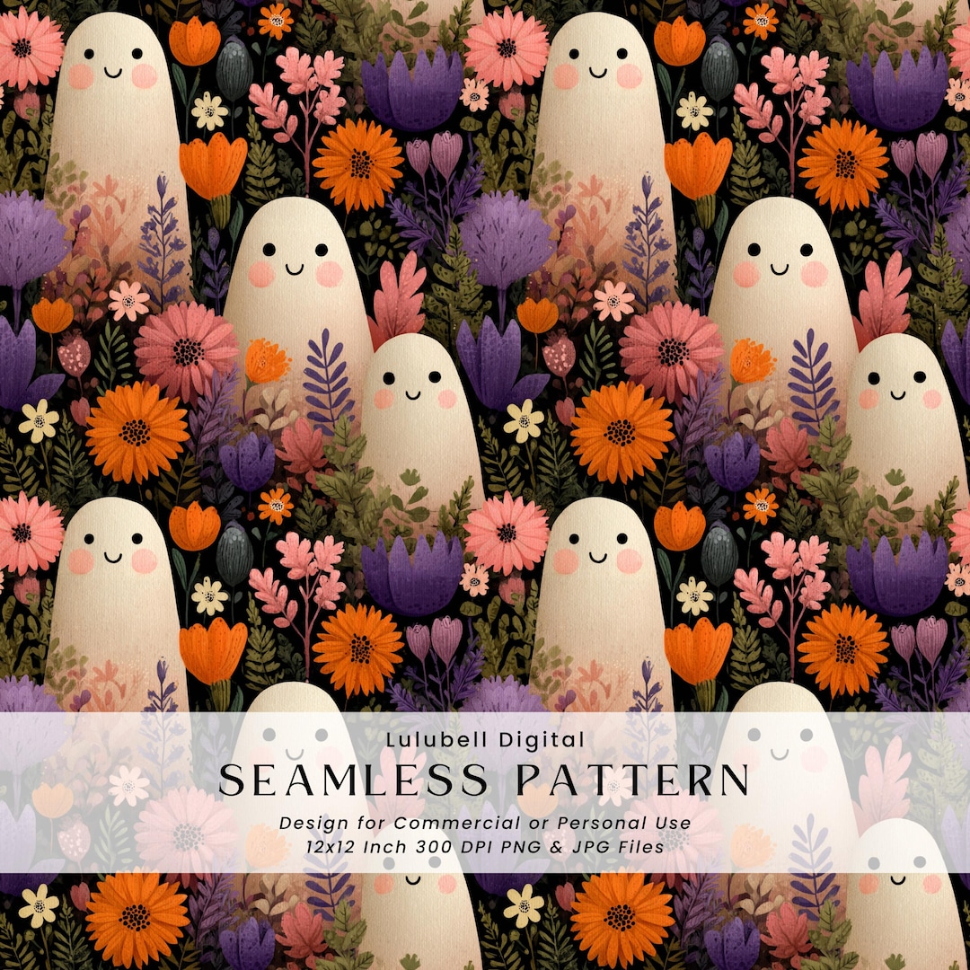 Boho Ghost Garden Seamless Pattern: Whimsycore Halloween Floral Digital ...