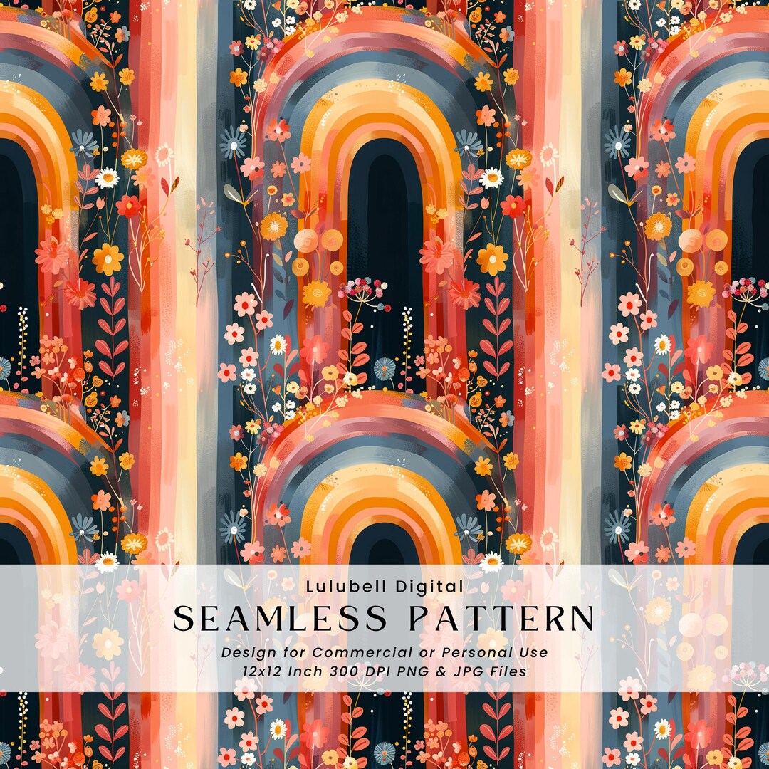 Floral Rainbow Seamless Pattern: Boho Retro Arches Digital Paper ...