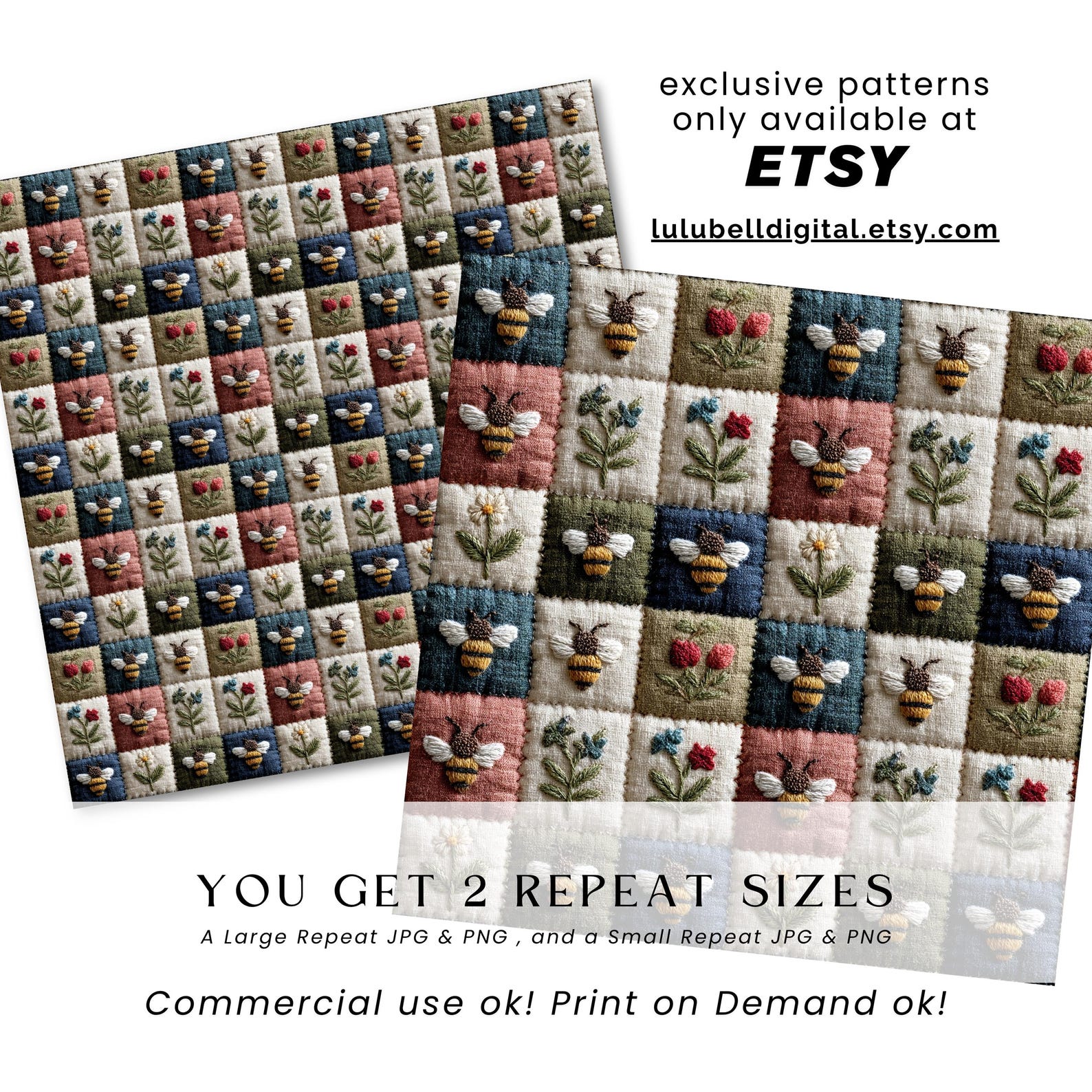 Patchwork Honeybee Seamless Pattern: Faux Embroidery Bee Digital Paper ...
