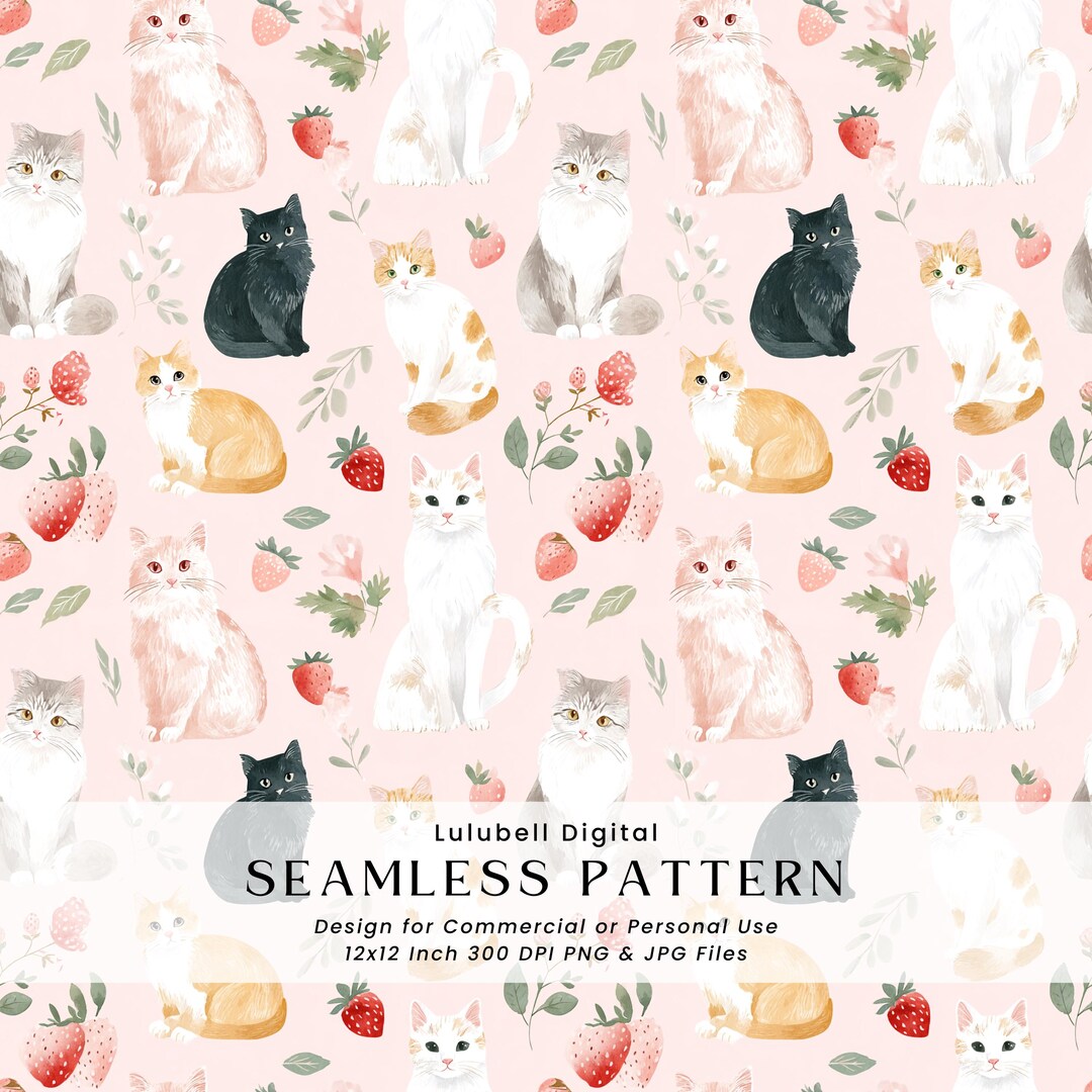 Cats & Strawberries Seamless Pattern: Pink Kitten Digital Paper ...