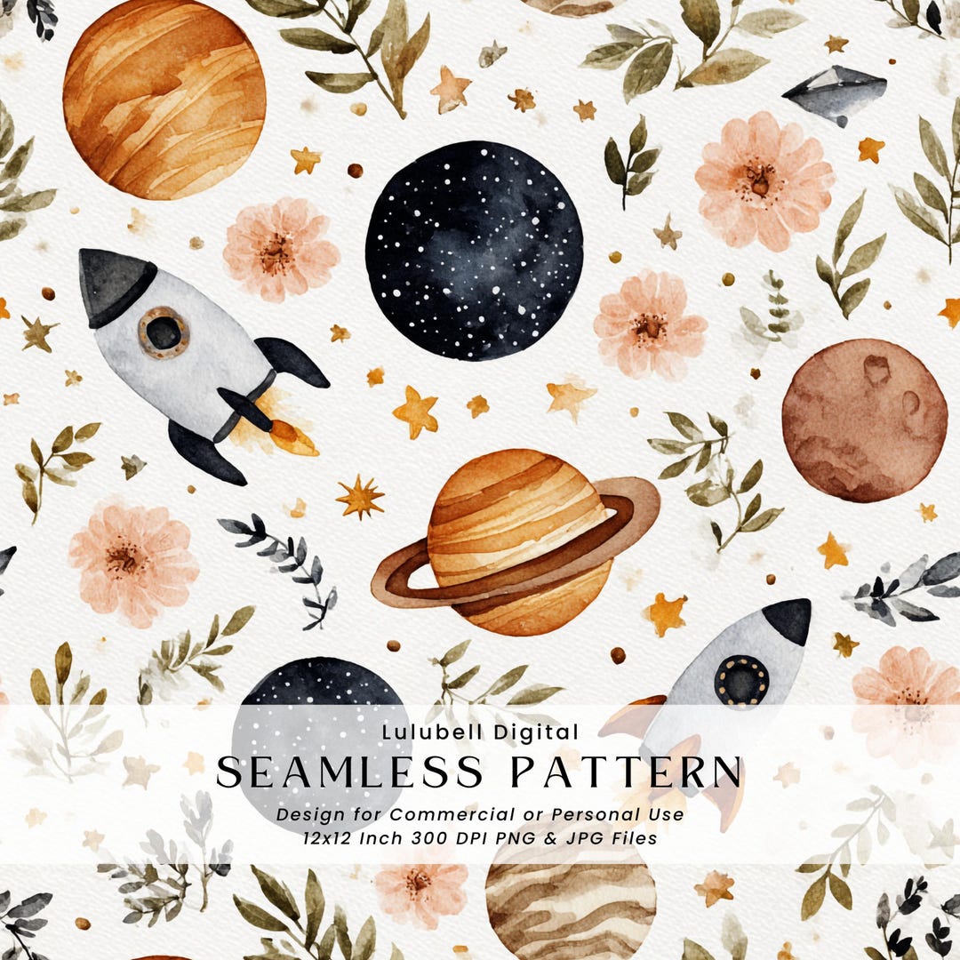 Outer Space Seamless Pattern: Rockets & Planets Digital Paper ...