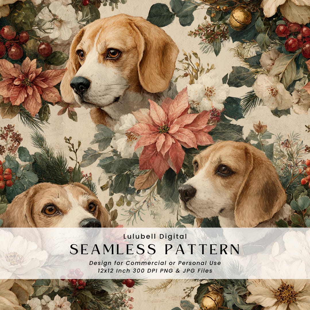 Christmas Beagles Seamless Pattern: Rustic Holiday Dog Digital Paper ...
