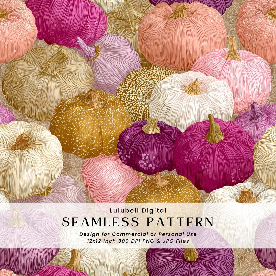 Pink Pumpkin Patch Seamless Pattern: Golden Autumn Pumpkins Digital ...