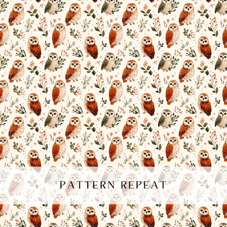 Cottagecore Owls Seamless Pattern: Watercolor Wildflower & Owl Meadow ...