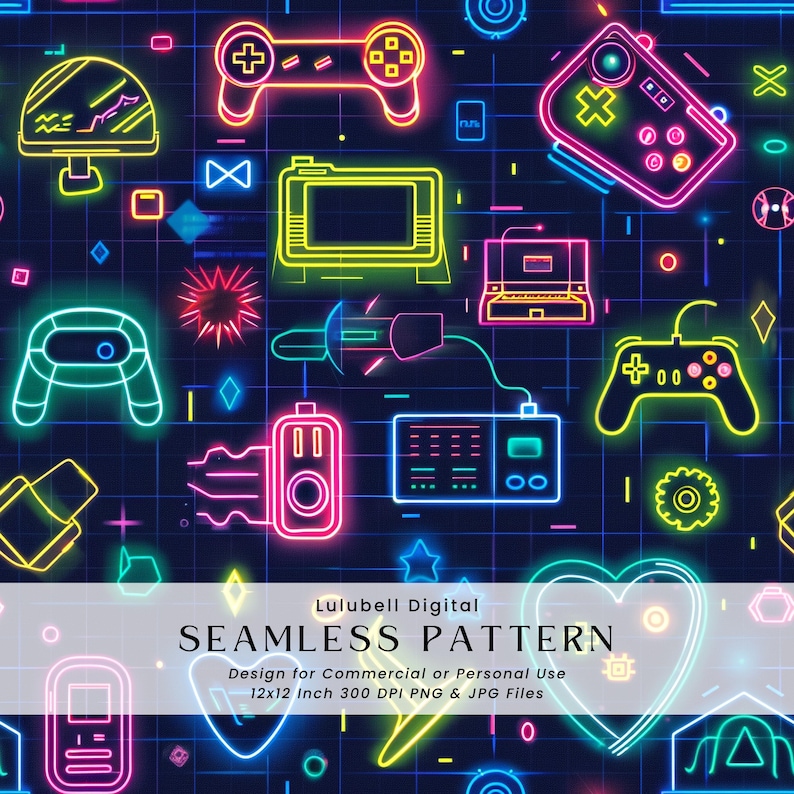 Neon Gaming Seamless Pattern: Retro Console Arcade Digital Paper, Video ...