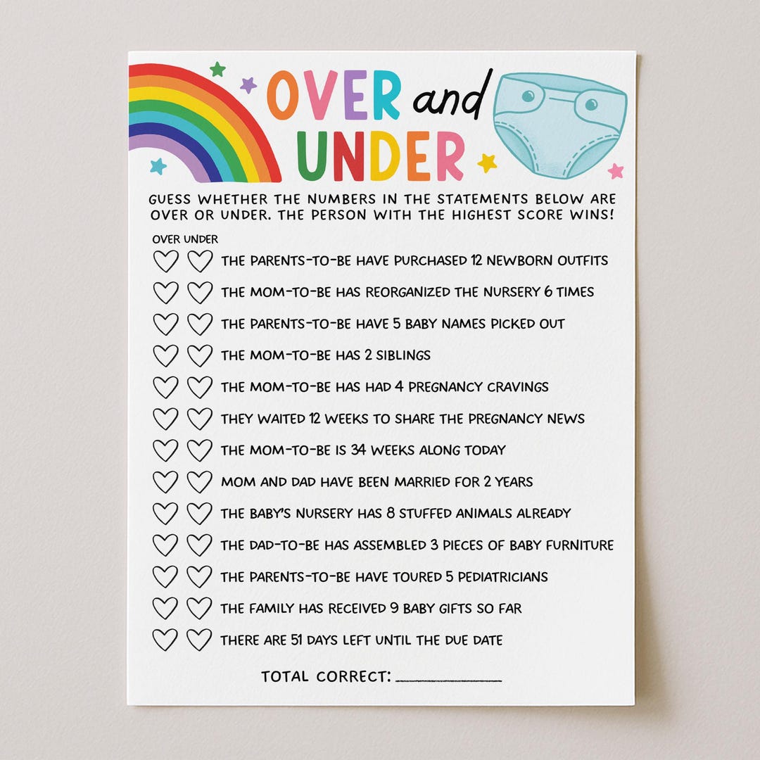 Over and Under Baby Shower Game Template, Baby Trivia Quiz Printable ...