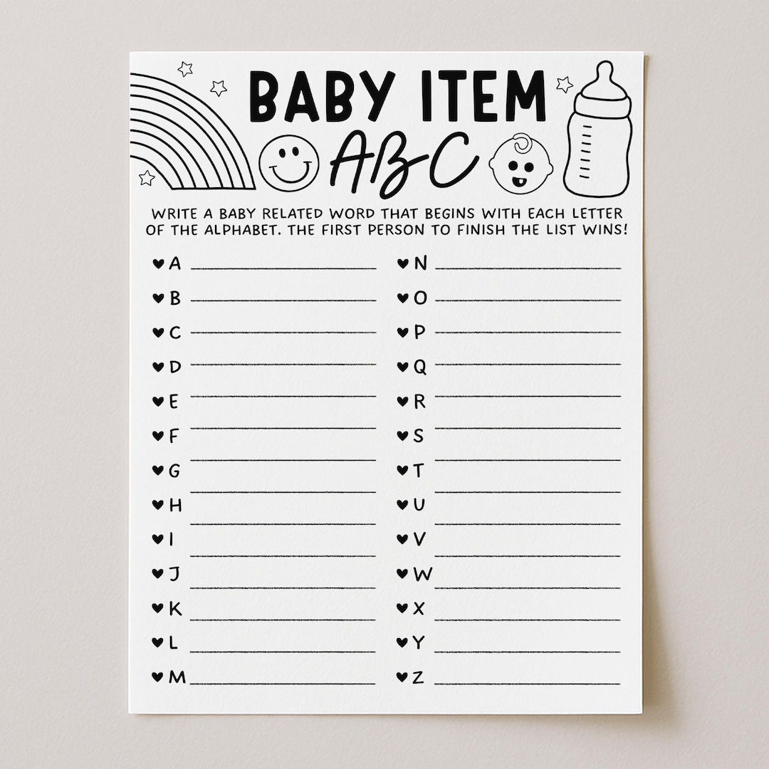 Baby Item ABC Game, Baby Shower A-Z Game Template, Alphabet Baby Item ...