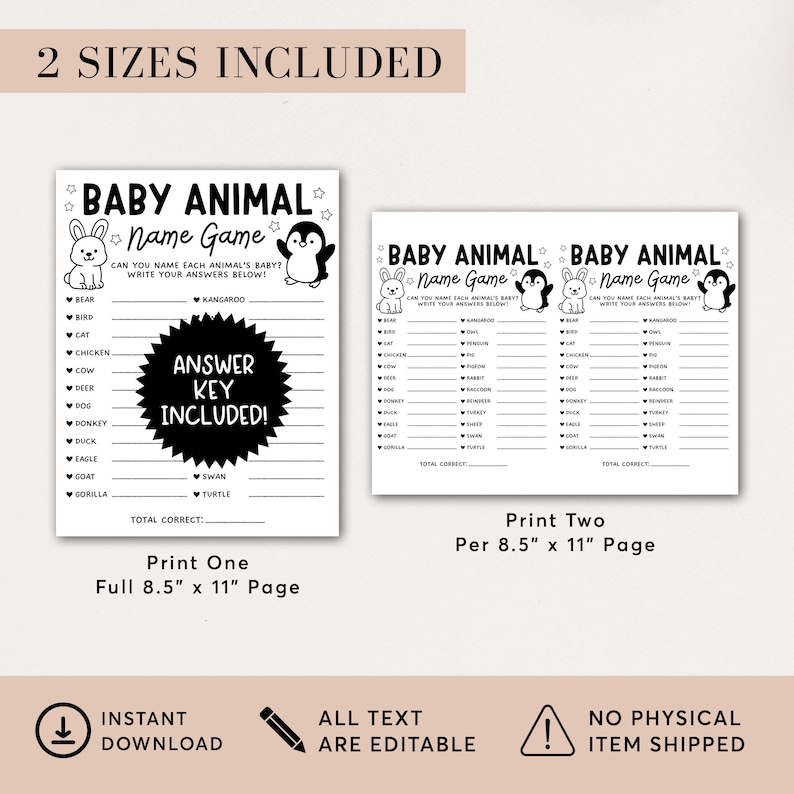 Baby Animal Name Game Baby Shower Template, Name the Baby Animal ...