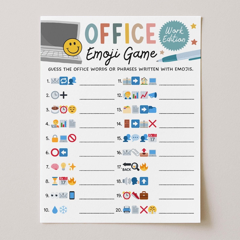 Work Emoji Game, Emoji Pictionary Team Building Printable, Office Party ...