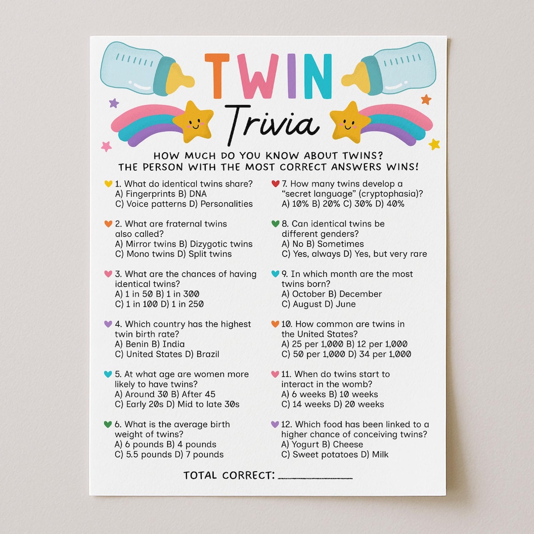 Twins Baby Shower Trivia Game, Fun Baby Twin Trivia Game Quiz Printable ...