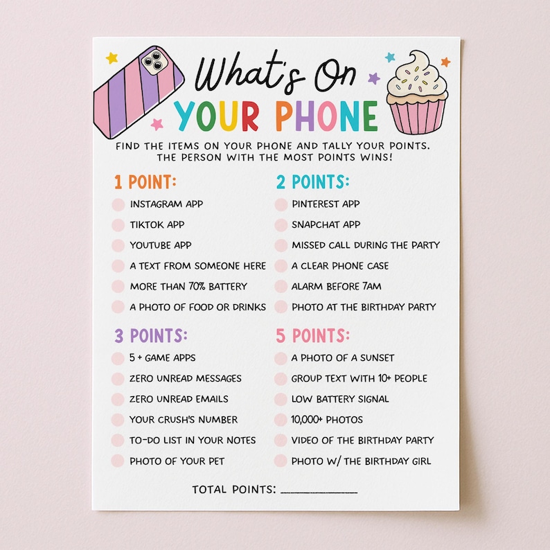 Whats on Your Phone Game, Teen Girl Sweet 16 Birthday Party Games for ...