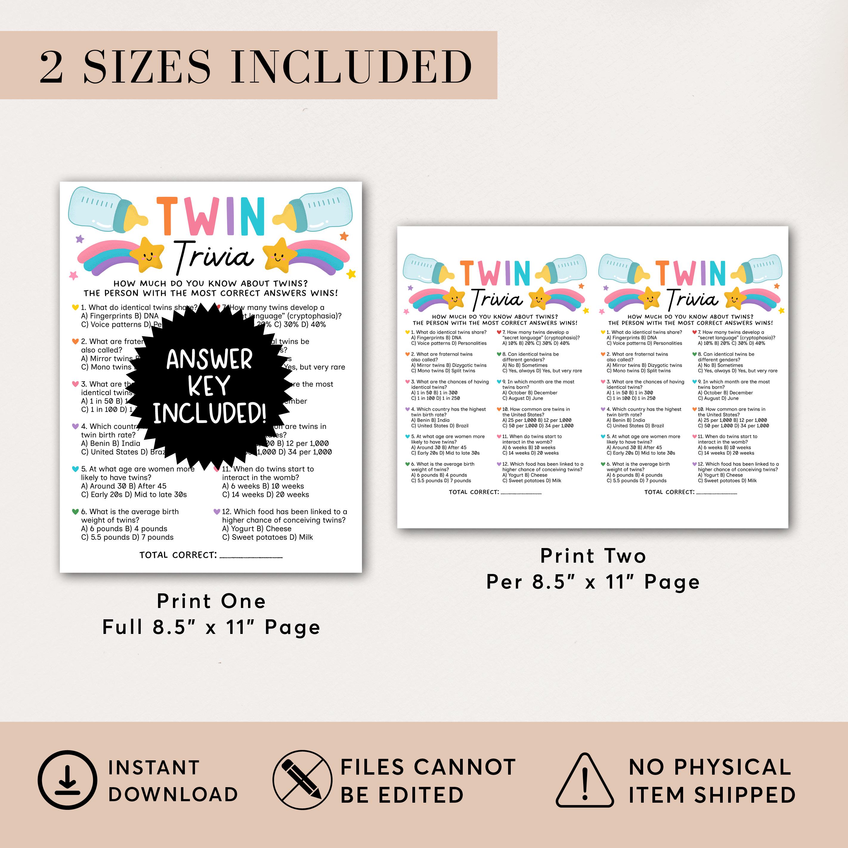 Twins Baby Shower Trivia Game, Fun Baby Twin Trivia Game Quiz Printable ...