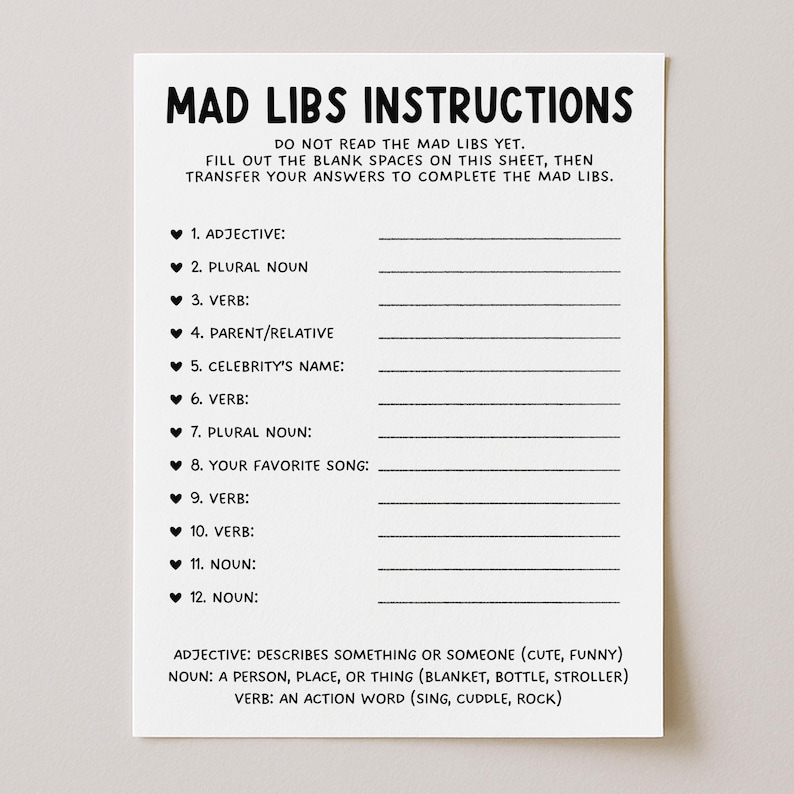 Baby Shower Mad Libs Game Template, Funny Advice for New Parents ...
