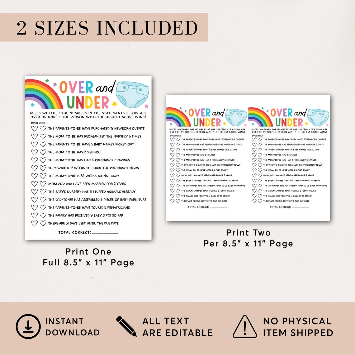 Over and Under Baby Shower Game Template, Baby Trivia Quiz Printable ...