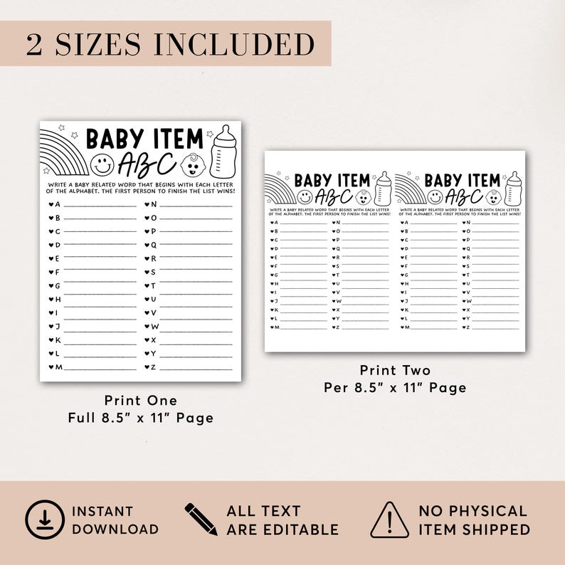 Baby Item ABC Game, Baby Shower A-Z Game Template, Alphabet Baby Item ...