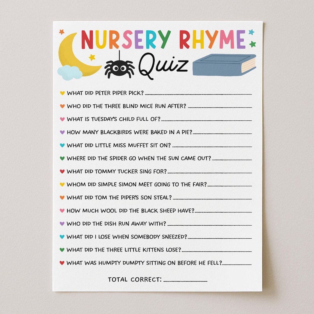 Nursery Rhyme Quiz Baby Shower Game Template, Baby Books Trivia Quiz ...